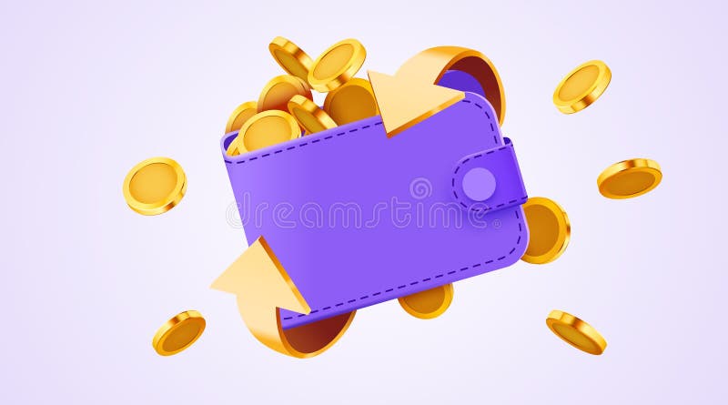Wallet with Flying Golden Coins in Realistic Cartoon Style. 3D Design ...