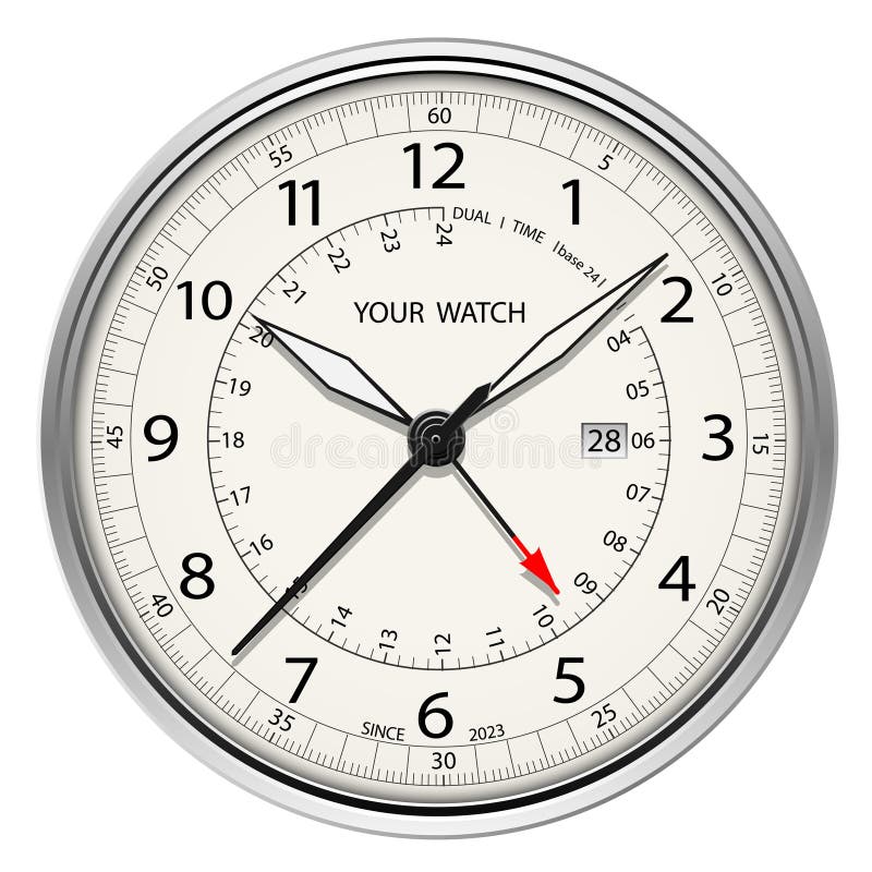 Realistic Watch Clock Chronograph Silver Face Dashboard Black on White ...