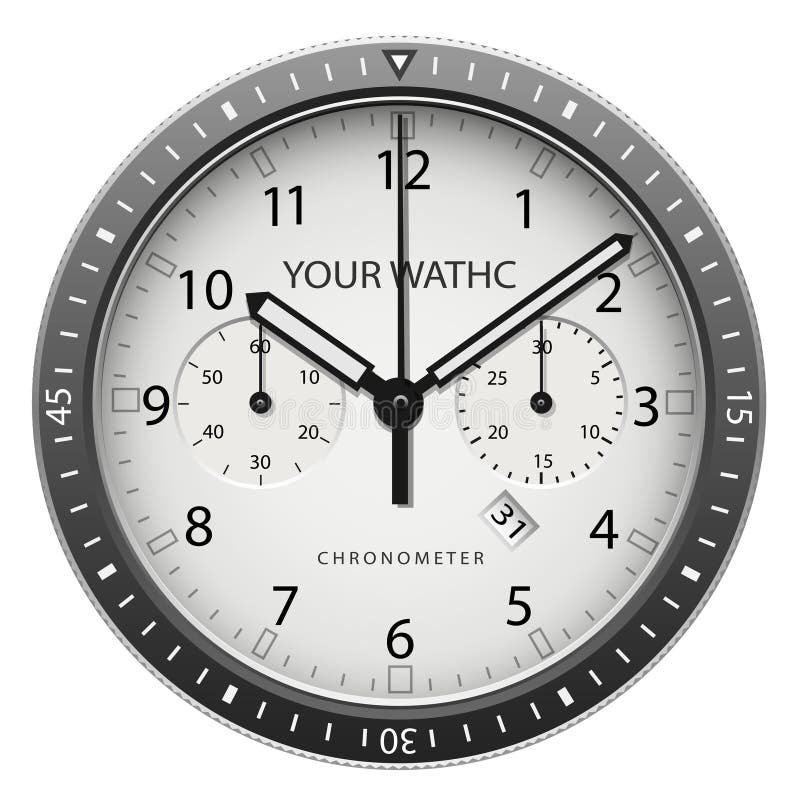 Realistic Watch Clock Chronograph Silver Face Dashboard Black on White ...