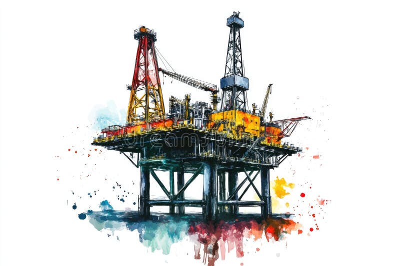 A Realistic Watercolor Depiction of an Oil Rig Stock Photo - Image of ...
