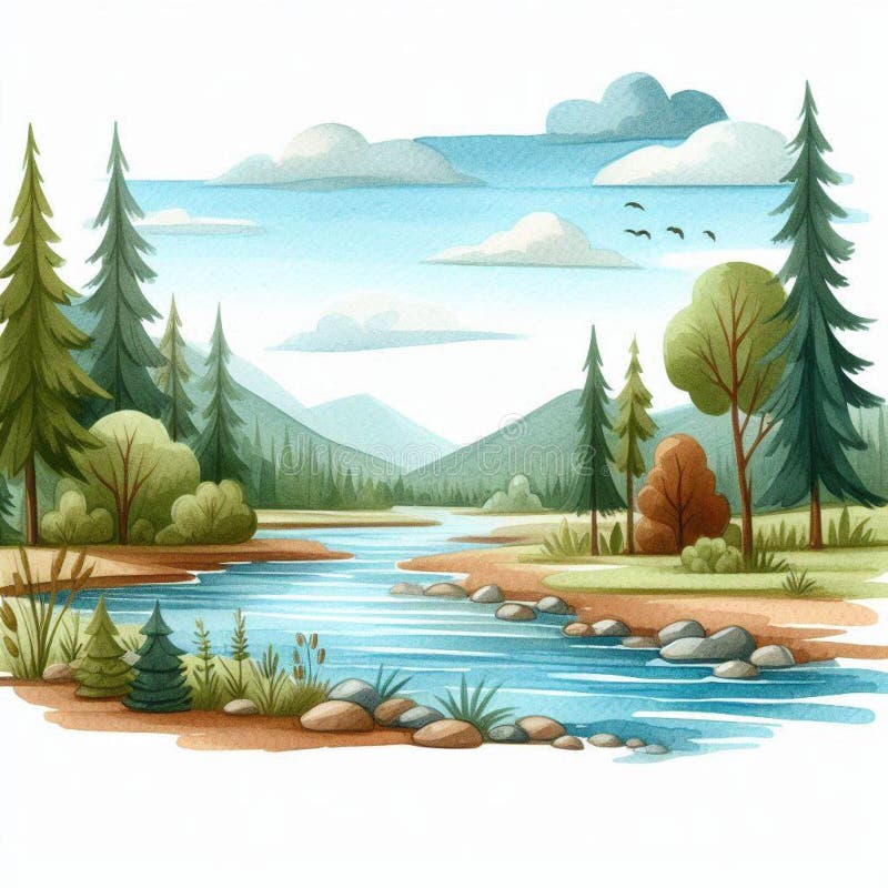 Realistic Watercolor Illustration of a Lovely Landscape with a River ...