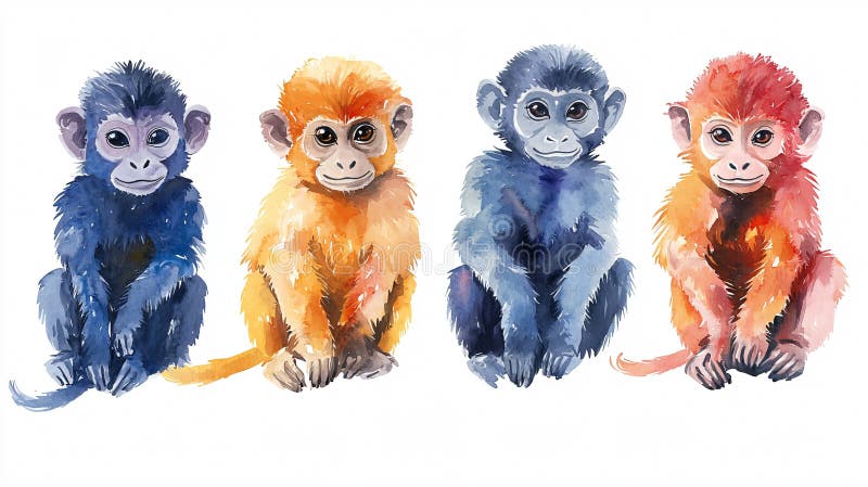 Realistic Watercolor Painting of Monkeys Animals Set for Design ...