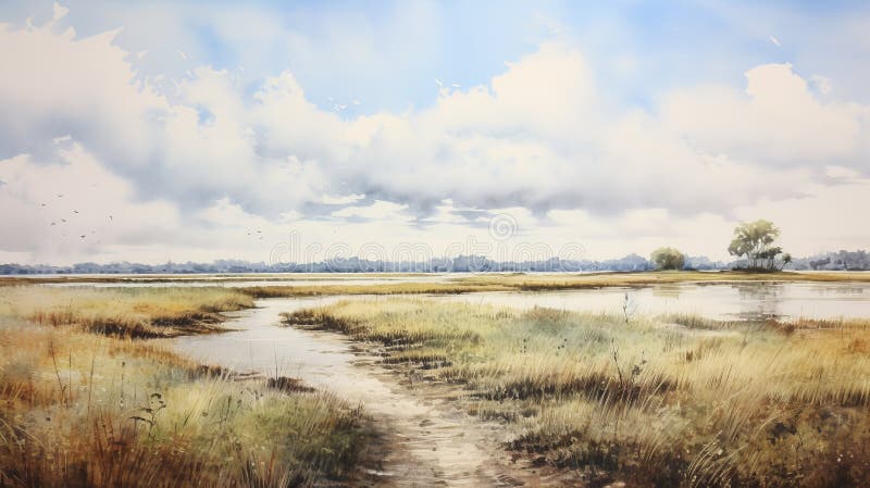 Realistic Watercolor Painting of a Serene Marsh Landscape Stock ...