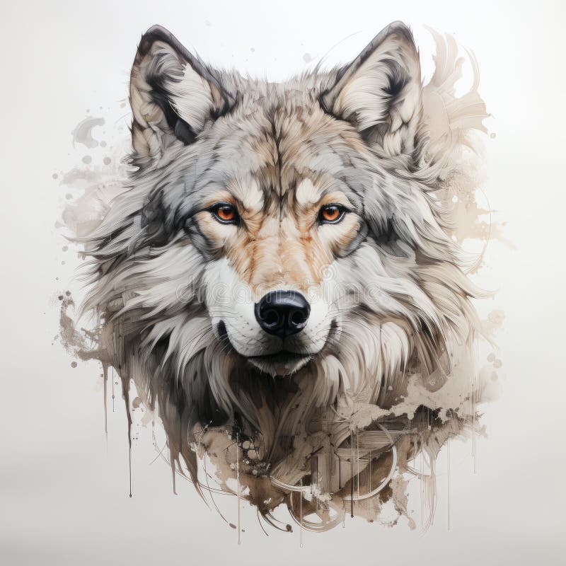 Realistic Watercolor Wolf Drawing with Hyper-detailed Rendering Stock ...
