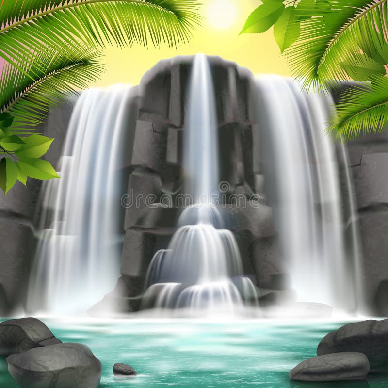 Waterfall. Realistic Falling Water with Fog, Splashes, Mountain Rocks ...