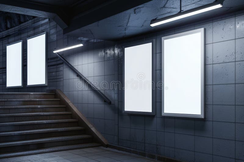 Realistic 3 White Blank Billboards Hanging on Underground Wall Mockup ...