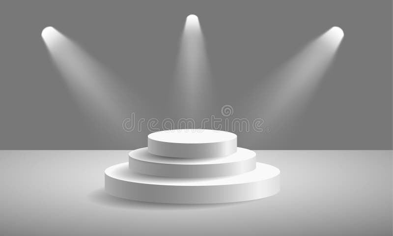 Realistic White Circle Podium Steps with Spotlight on Grey Room Vector ...