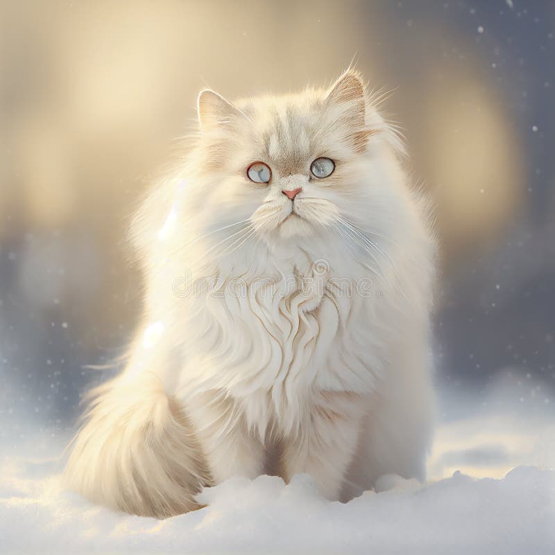 Realistic White Fluffy Cat in Snow Winter Background Generative AI ...