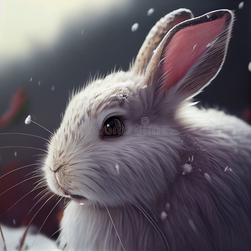 Realistic White Fluffy Rabbit in Snow Winter Background Generative AI ...
