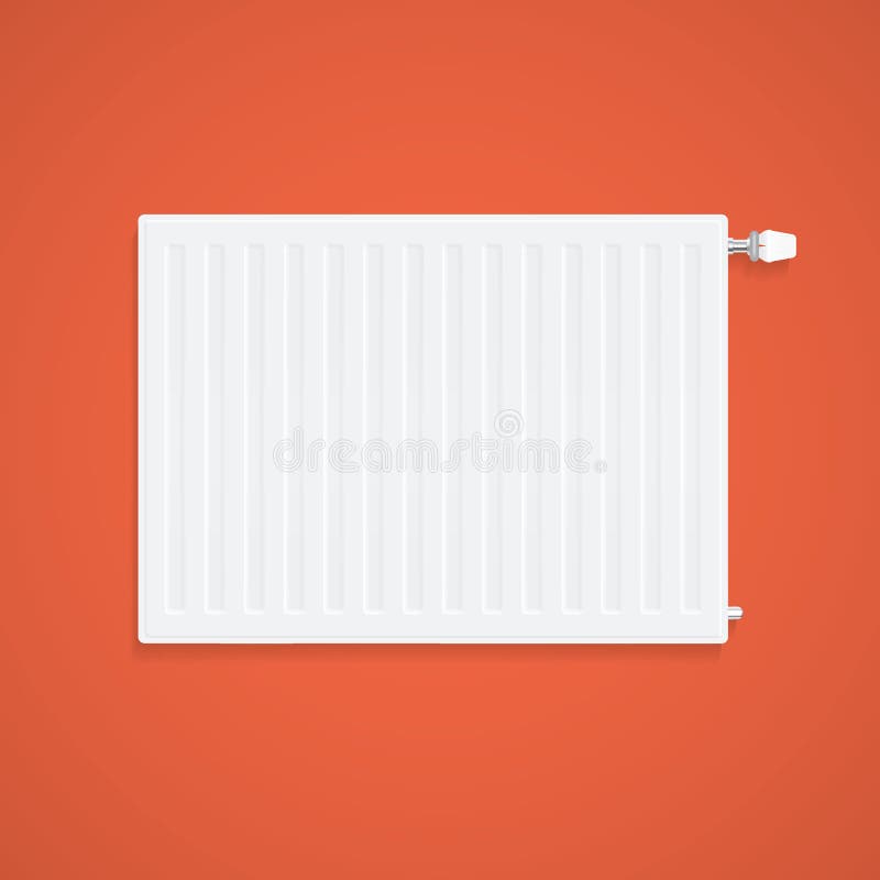 Realistic White Heating Radiator with Regulator on Orange Wall. Stock ...