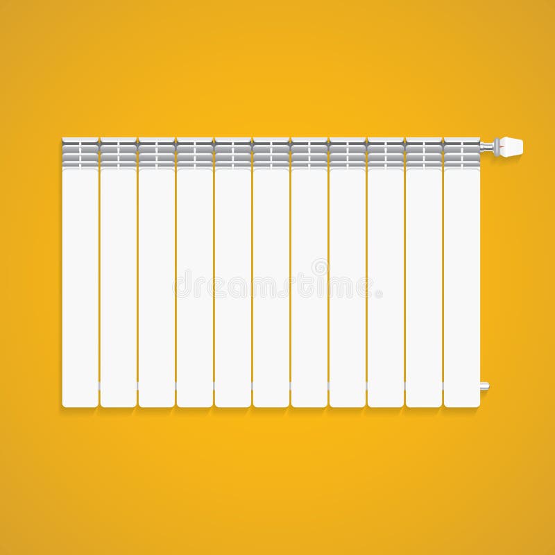 Realistic White Heating Radiator with Regulator on Yellow Wall. Stock ...
