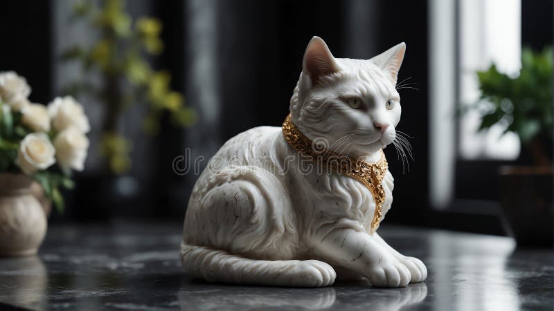 Realistic White Marble Cat Statue on Plain Black Ai Generated Stock ...