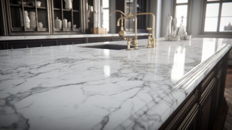 Realistic White Marble Kitchen Counter with Bronze Hardware Stock ...