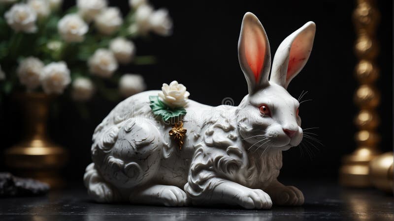 Realistic White Marble Rabbit Statue on Plain Black Ai Generated Stock ...