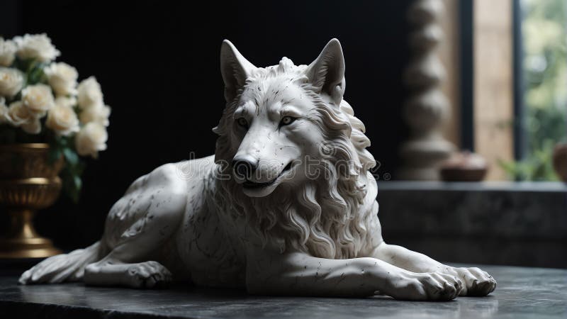 Realistic White Marble Wolf Statue on Plain Black Ai Generated Stock ...