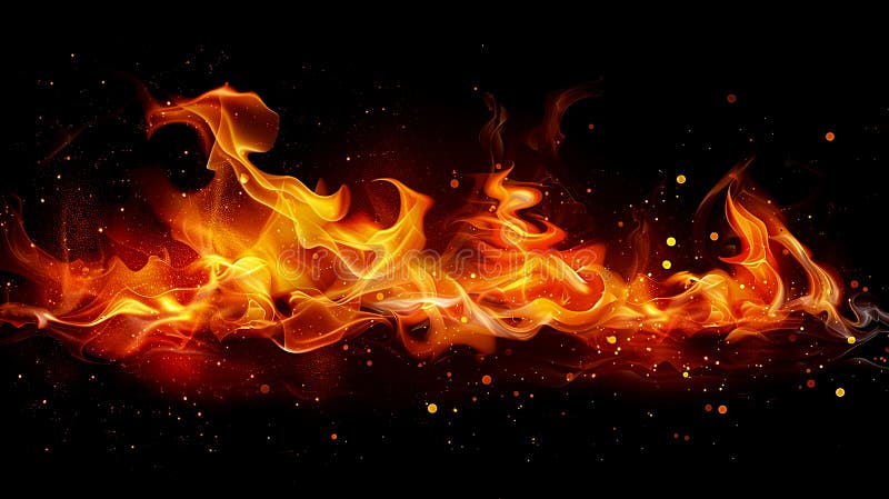 Realistic Wide Fire Flames with Smoke on the Black Background.Ge Stock ...