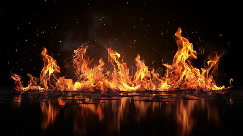 Realistic Wide Fire Flames with Smoke on the Black Background.Ge Stock ...