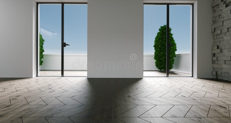 Realistic Windows View and Wooden Floor Room. 3D Rendering Stock ...