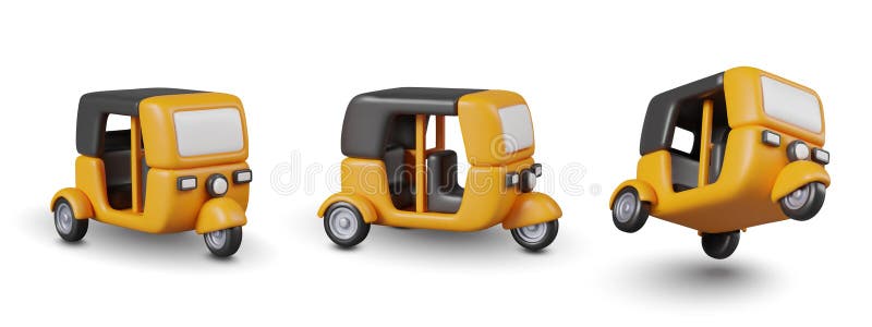 Realistic Yellow Auto Rickshaw Car in Different Positions. Set of ...