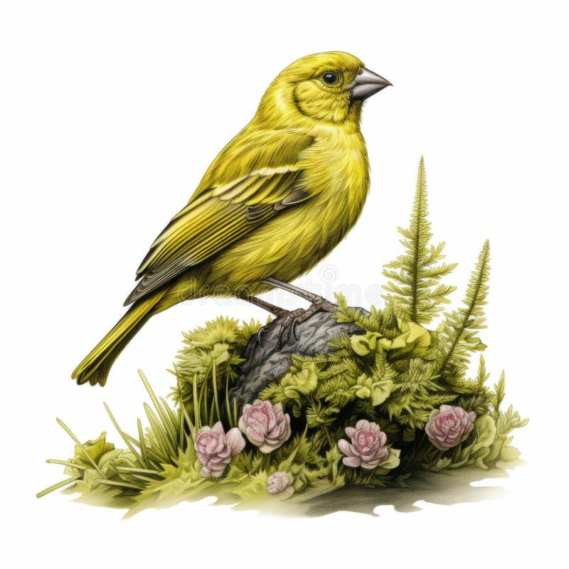 Realistic Yellow Finch Drawing with Flowers - Hyper-detailed Artwork ...