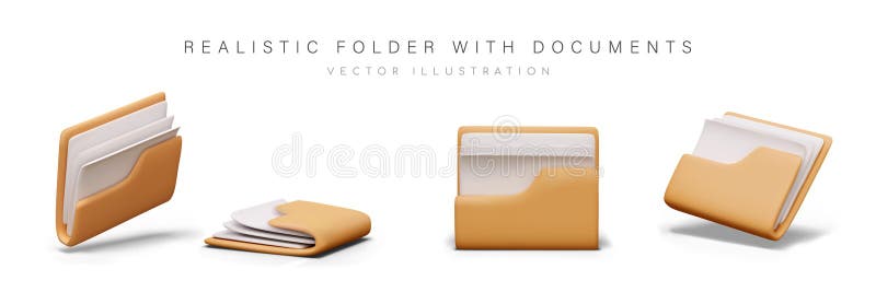 Realistic Yellow Folder with Documents in Different Positions Stock ...