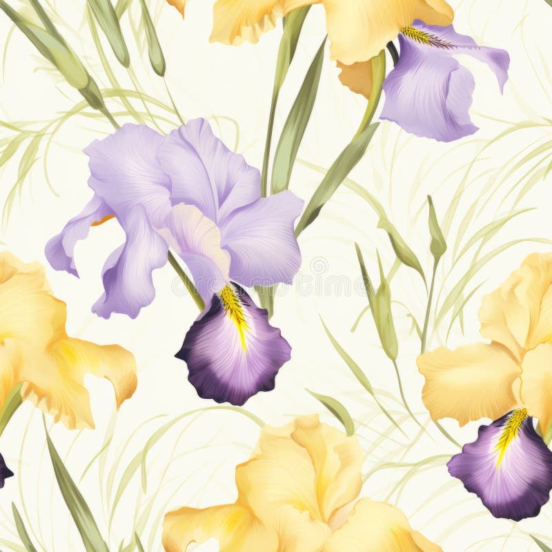 Realistic Yellow and Purple Iris Flower Pattern with Rococo Pastel ...