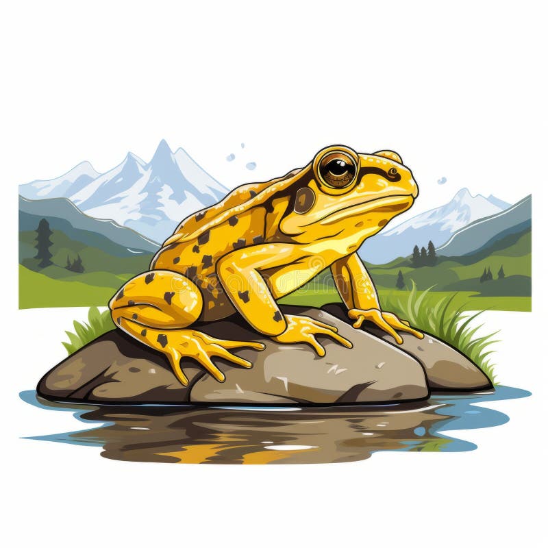 Realistic Yellow Toad Sitting on Rocks Overlooking Mountain Stock ...