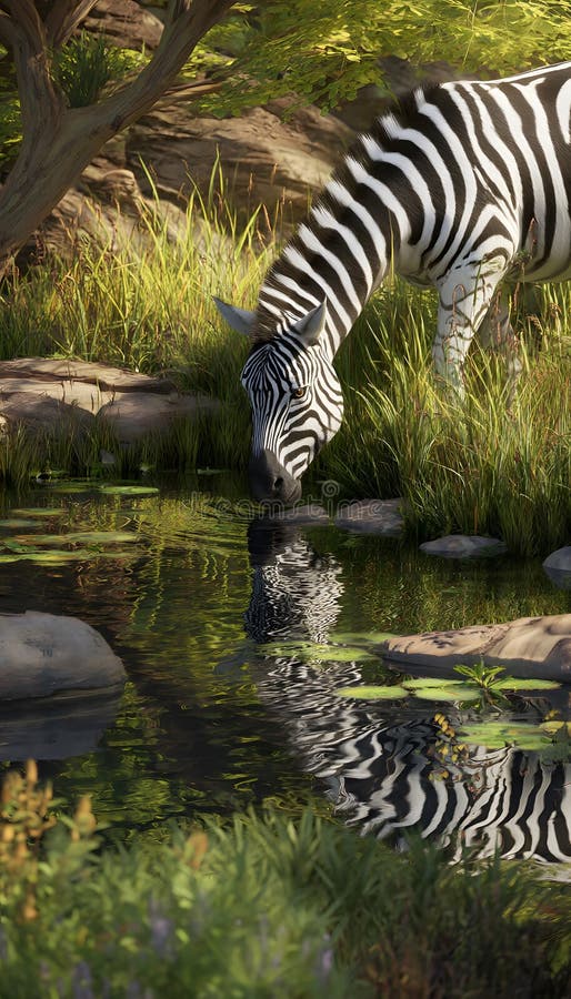 Realistic Zebra Drinking Water on African Savannah Stock Illustration ...