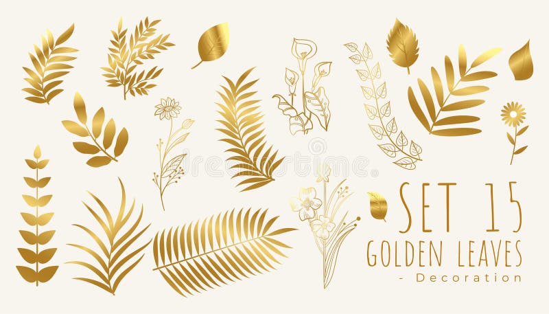 Realsitic Golden Leaves Invitation Card Template in Set Stock Vector ...