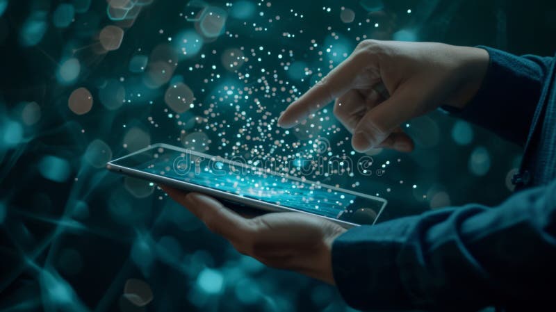 Realtor Holding a Tablet or Smartphone with AI Algorithms Flowing ...