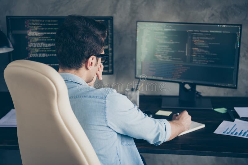 Rear Back Behind View Portrait of His he Nice Focused Busy Smart Clever ...