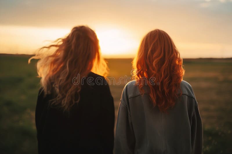 Rear Back View of Girlfriends Enjoying the Sunset. Two Young Women ...