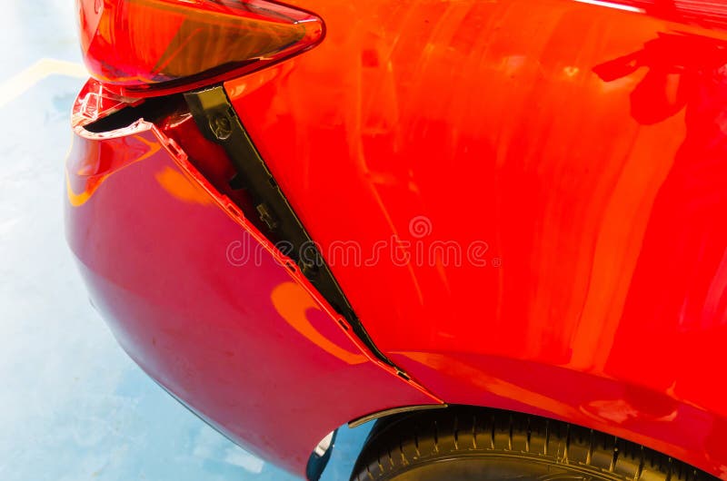 Rear bumper dented red car stock image. Image of crash - 138557573