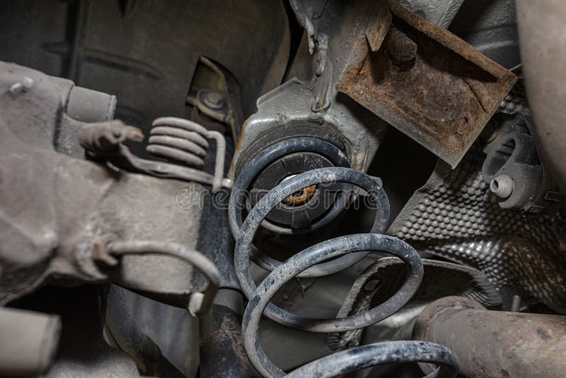 Rear Car Suspension from Below, Visible Suspension Springs, Shock ...