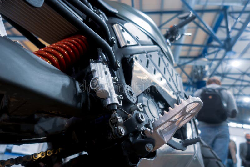 Rear End of an Electric Motorcycle with a Red Shock Absorber Stock ...