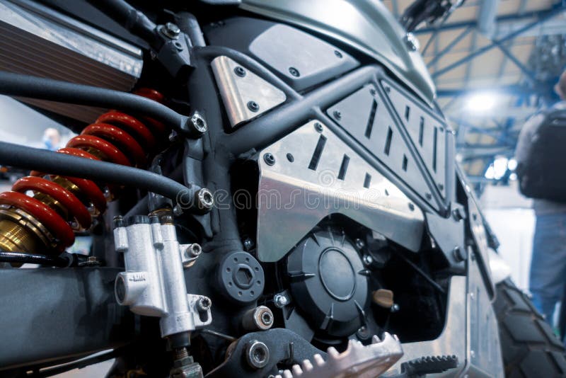 Rear End of an Electric Motorcycle with a Red Shock Absorber Stock ...