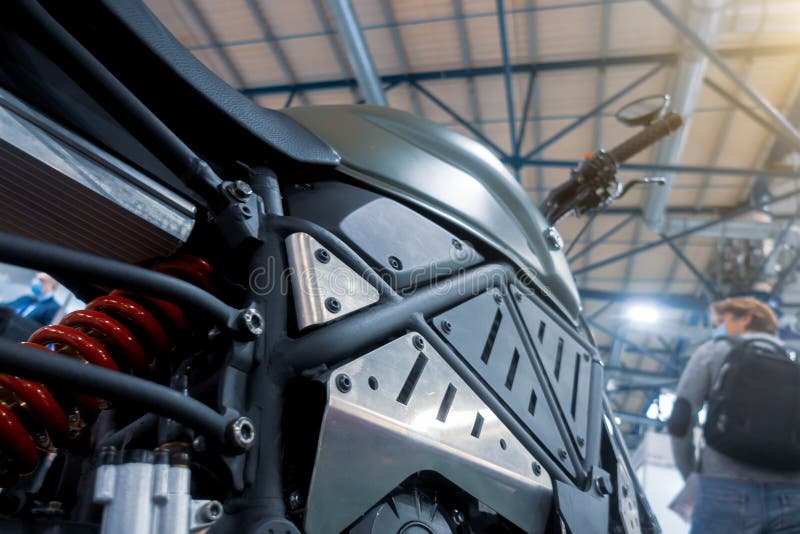 Rear End of an Electric Motorcycle with a Red Shock Absorber Stock ...
