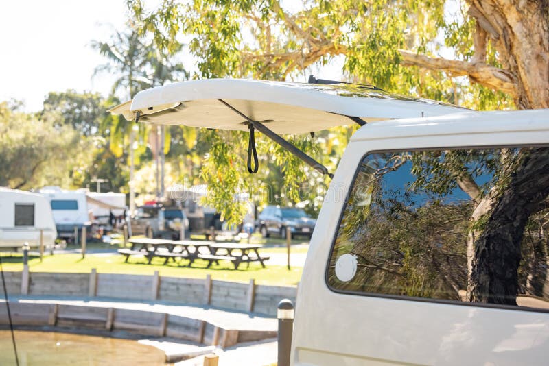 Rear End of Open Camper Van in Tropical Australian Caravan Park Stock ...