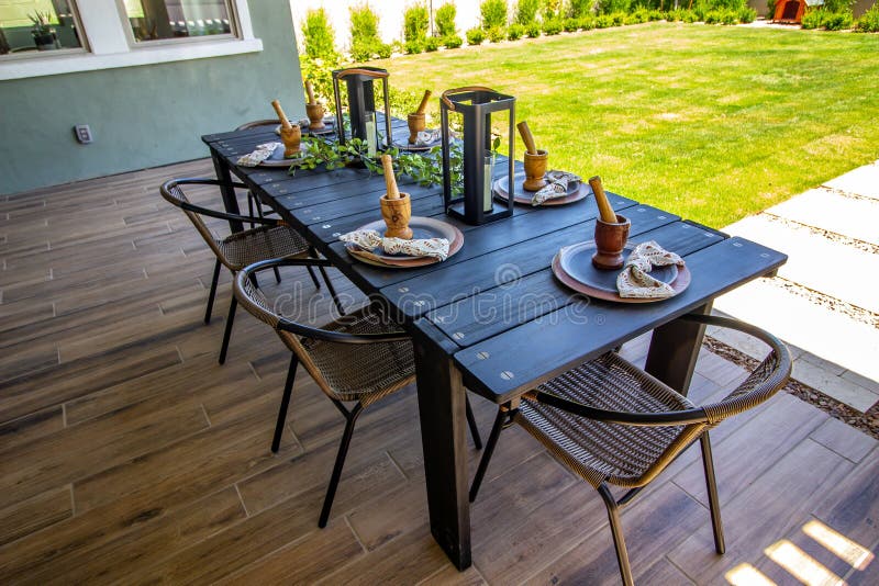 Rear Patio Wooden Table with Chairs Stock Image - Image of house, rear ...