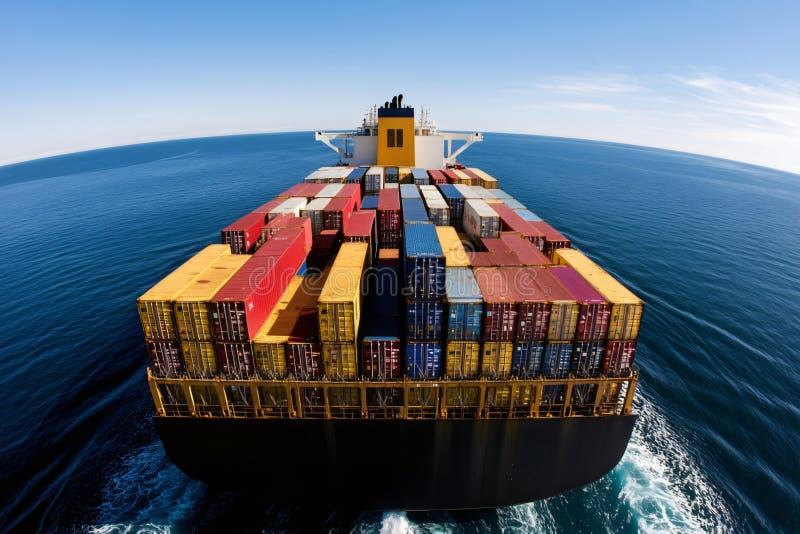 Rear Perspective of a Cargo Ship Moving through the Ocean with Stacked ...