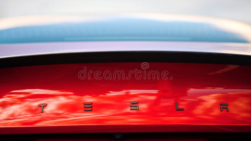 Rear Red Tesla Model 3 Logo Editorial Stock Photo - Image of tesla ...