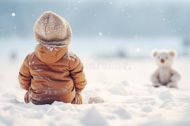 Rear Shot and High Angle View of a Kid on Snow Christmas Theme. Stock ...
