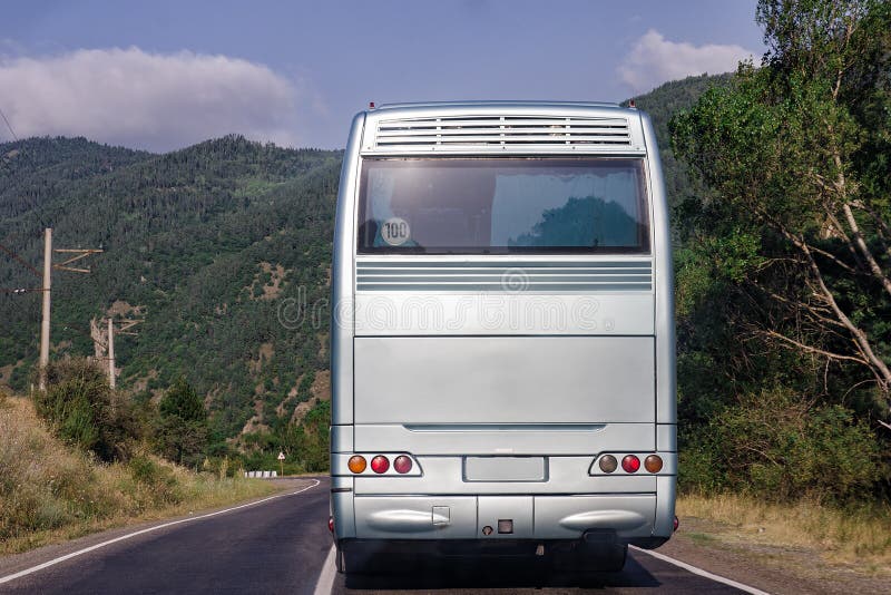 Rear Side of Bus. Behind White Bus on Nature Background. Place for Text ...