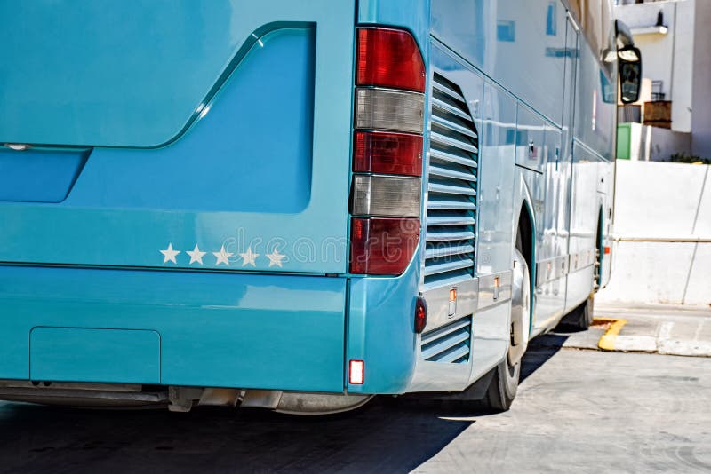 Rear Side of a Parked Light Blue Coach Stock Image - Image of buses ...