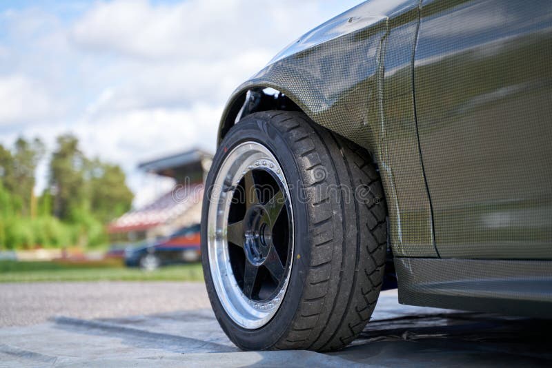 Rear Side View Front Wheel of Black Car Stock Image - Image of rear ...