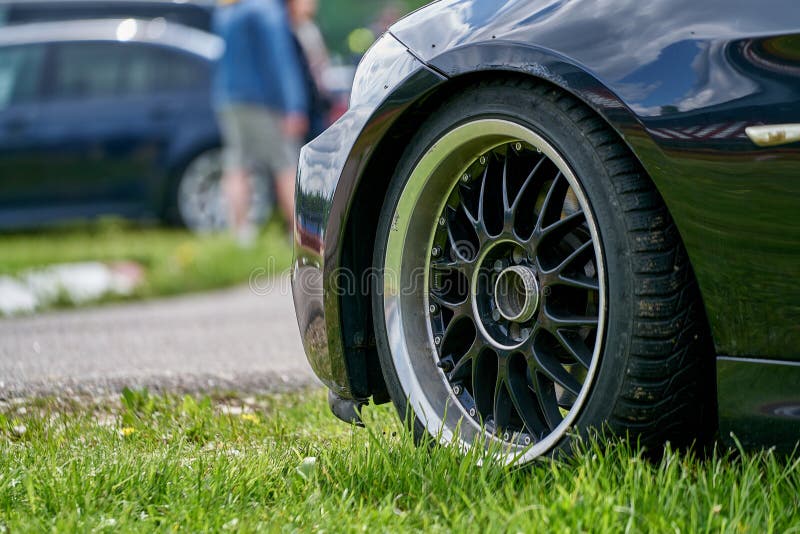Rear Side View Front Wheel of Black Car Stock Image - Image of ...