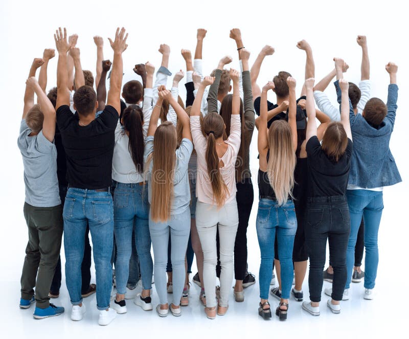 Rear View. an Ambitious Group of Young People with Hands Up Stock Image ...