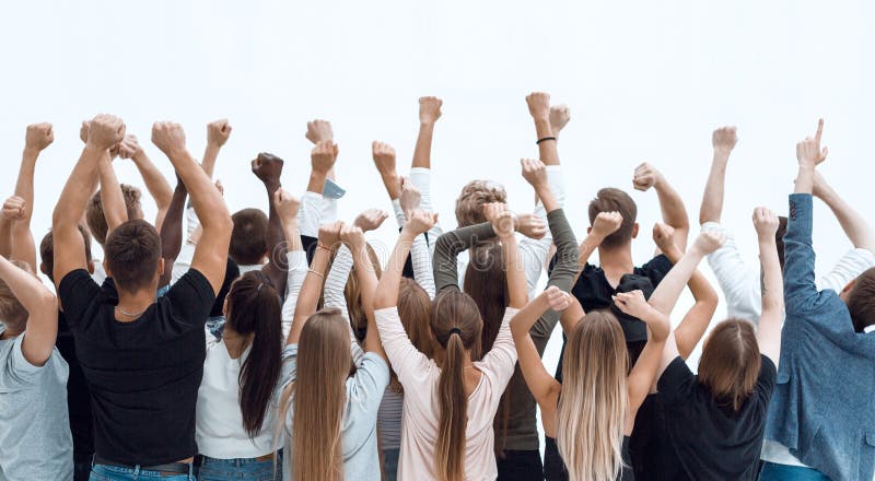 Rear View. an Ambitious Group of Young People with Hands Up Stock Image ...