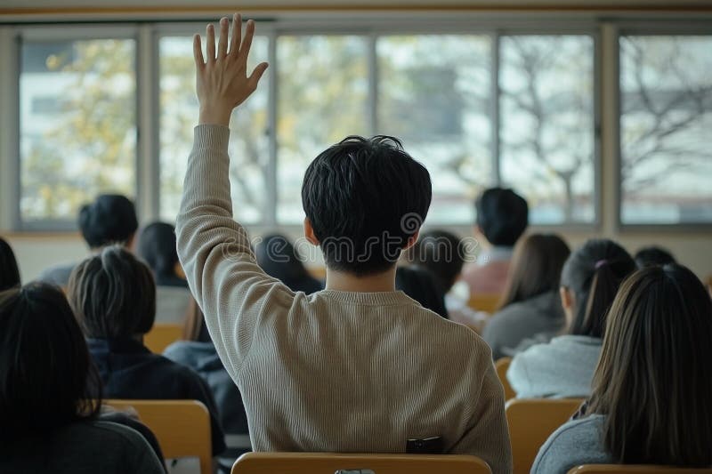 Rear View of an Asian Student Raising His Hand during a Class Session ...
