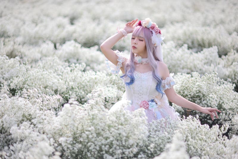 Rear View of Asian Woman Wearing White Lolita Dress in Green Flowers ... Rear View of Asian Woman Wearing White Lolita Dress in Green Flowers ...